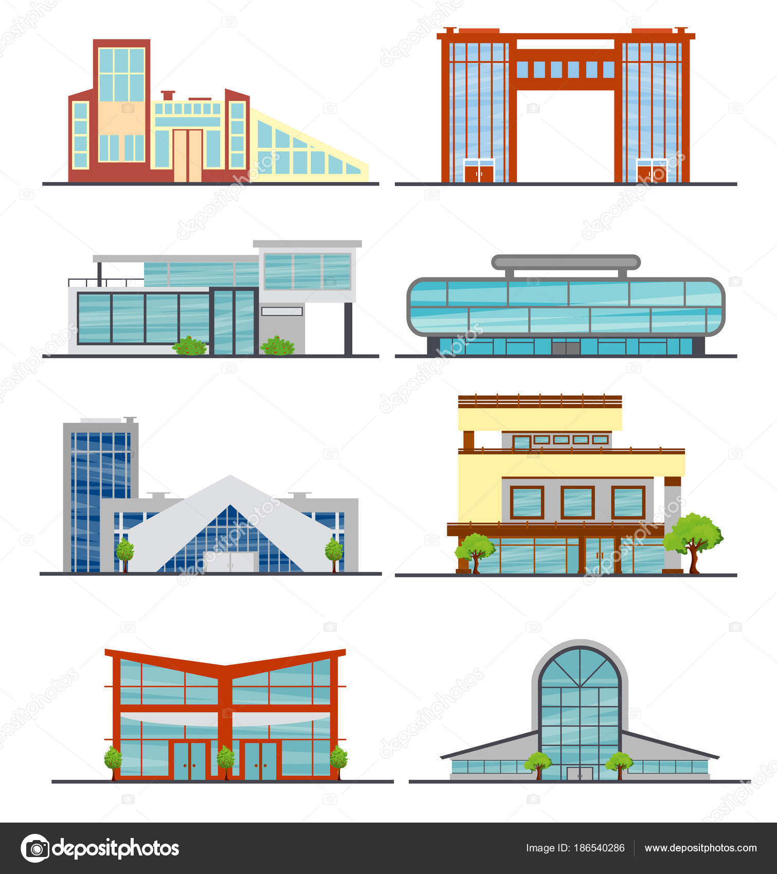 Conjunto de ilustración vectorial de edificios modernos de la ciudad en estilo plano sobre fondo ...