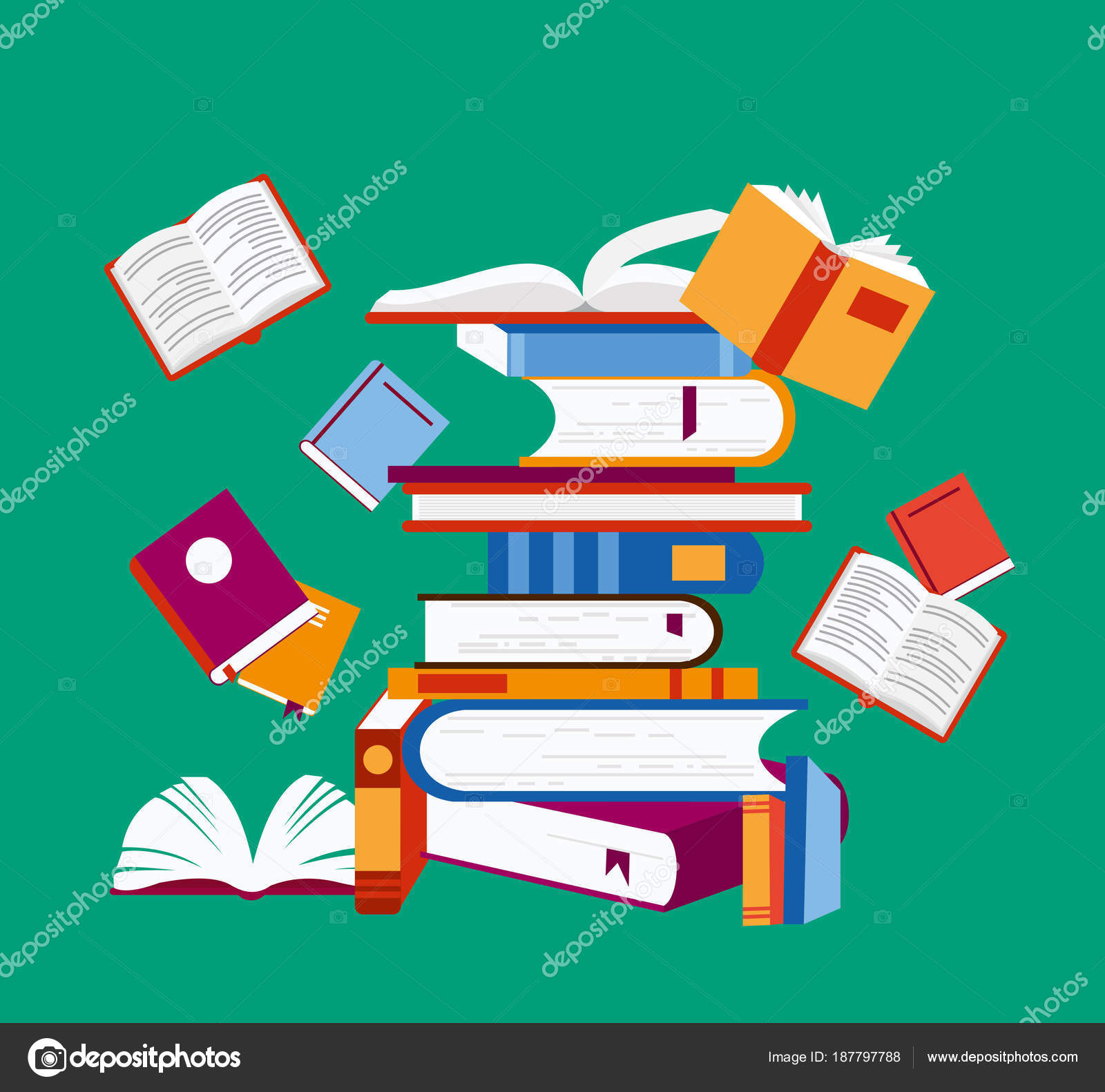 Vector illustration of reading concept. A lot of books on green ...