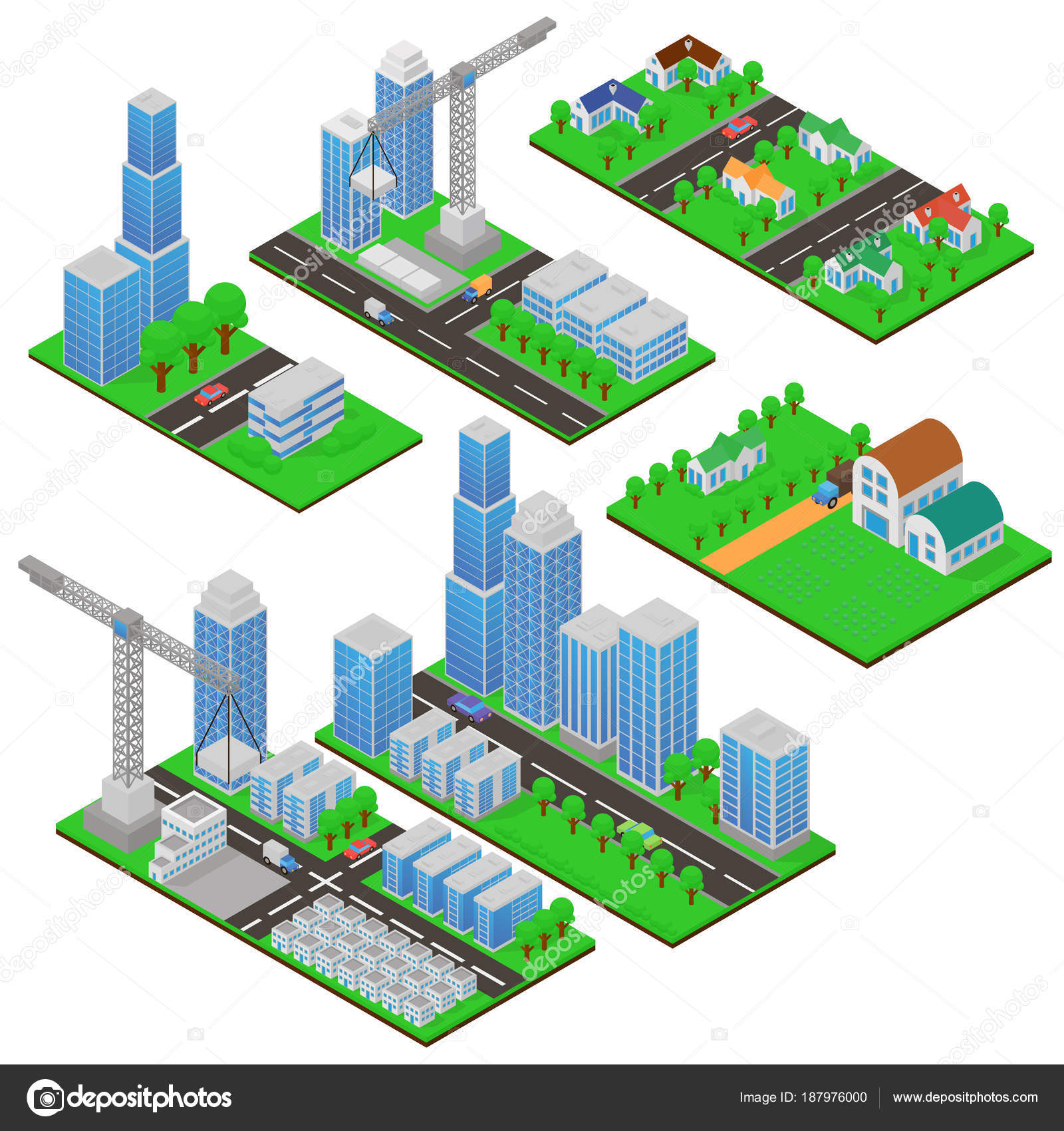 Isometric buildings and building constructions with trees and roads ...