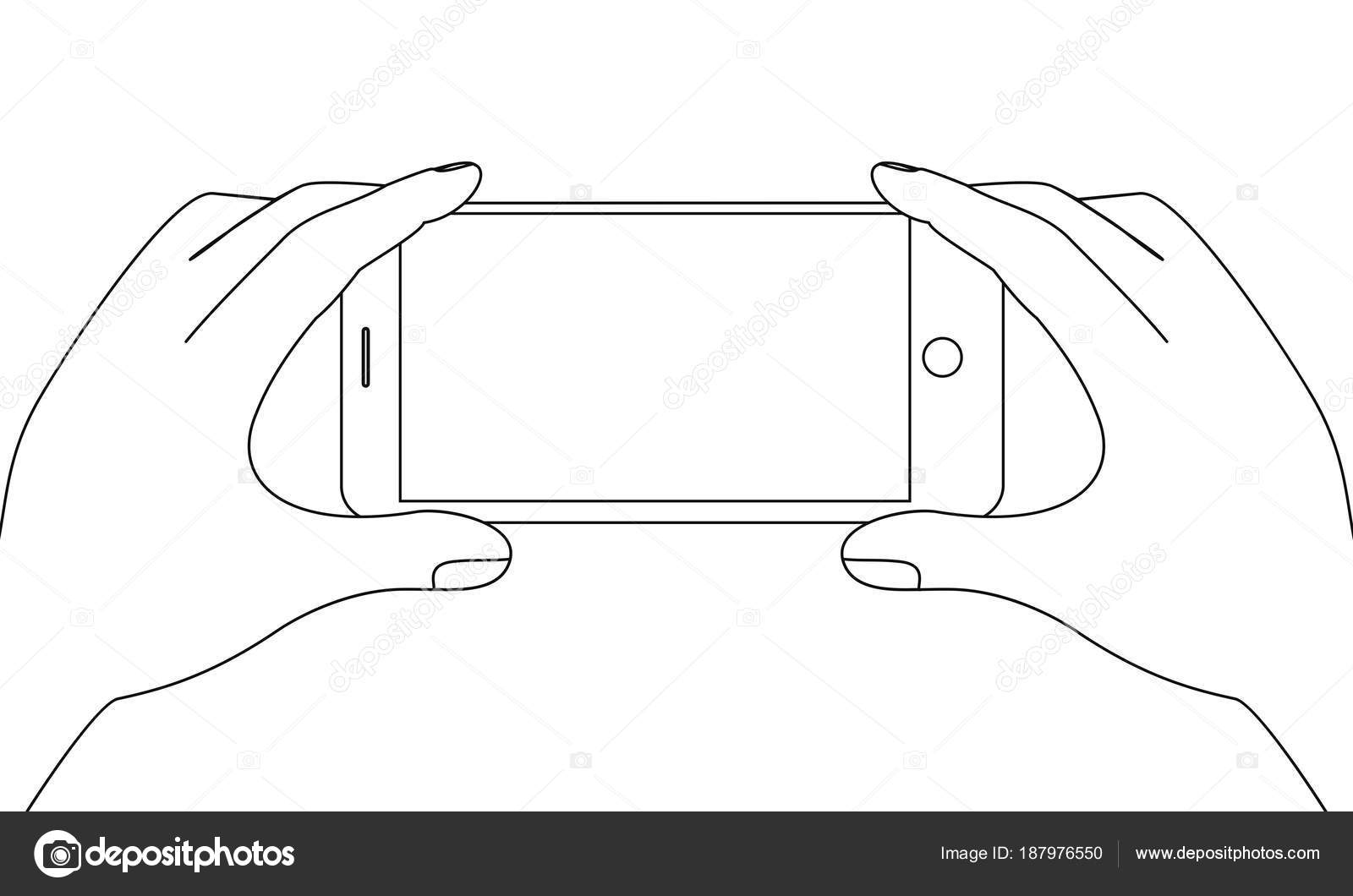 Vector illustration mobile device in hands outline and contour on white ...