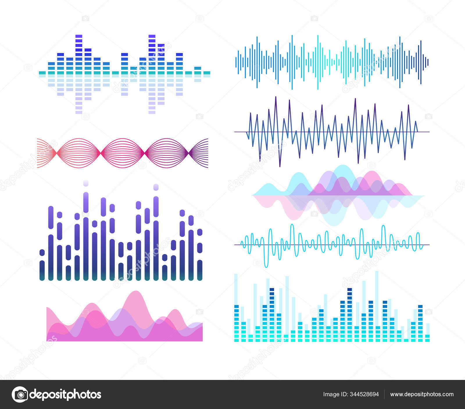 Efectos de sonido vector color ilustraciones conjunto. Visualización de ...