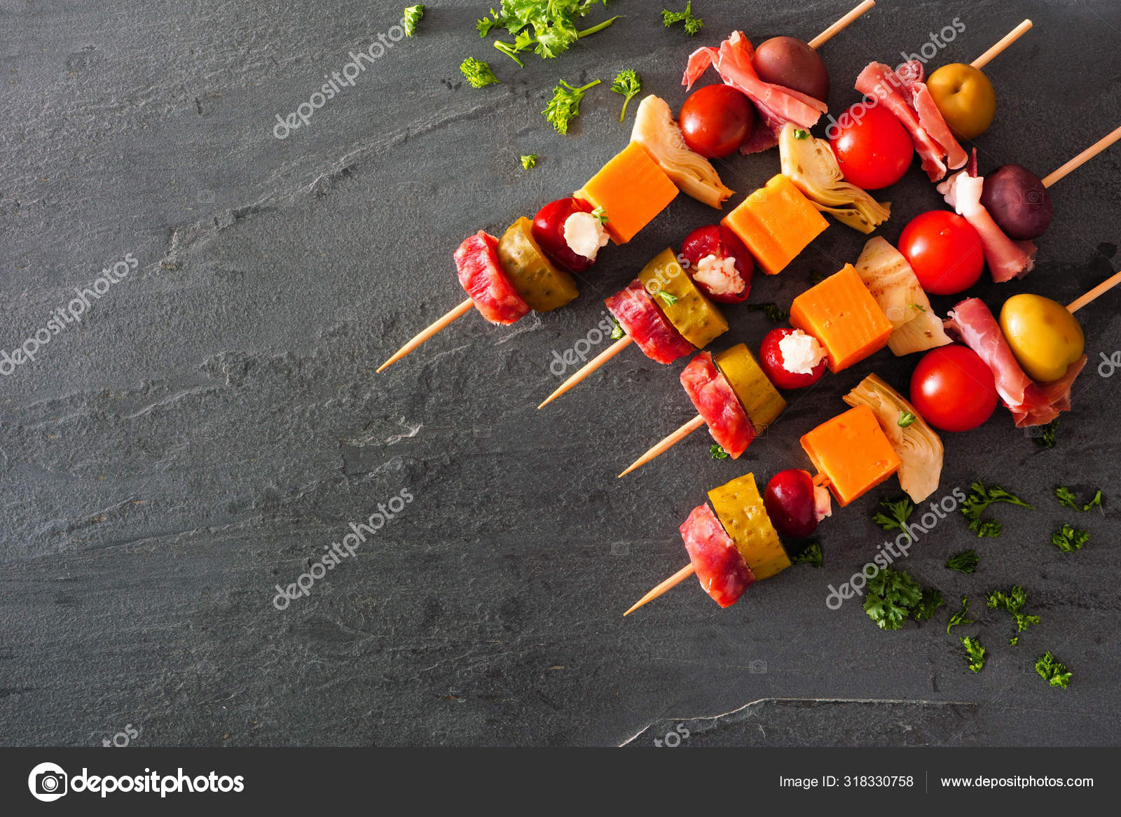 Skewer Appetizers Meat Cheeses Pickles View Corner Border Dark Slate ...