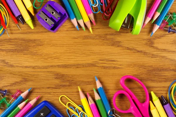 School Supplies Corner Border White Wood Background Copy Space Stock ...