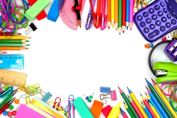 School Supplies Corner Border White Wood Background Copy Space Stock ...