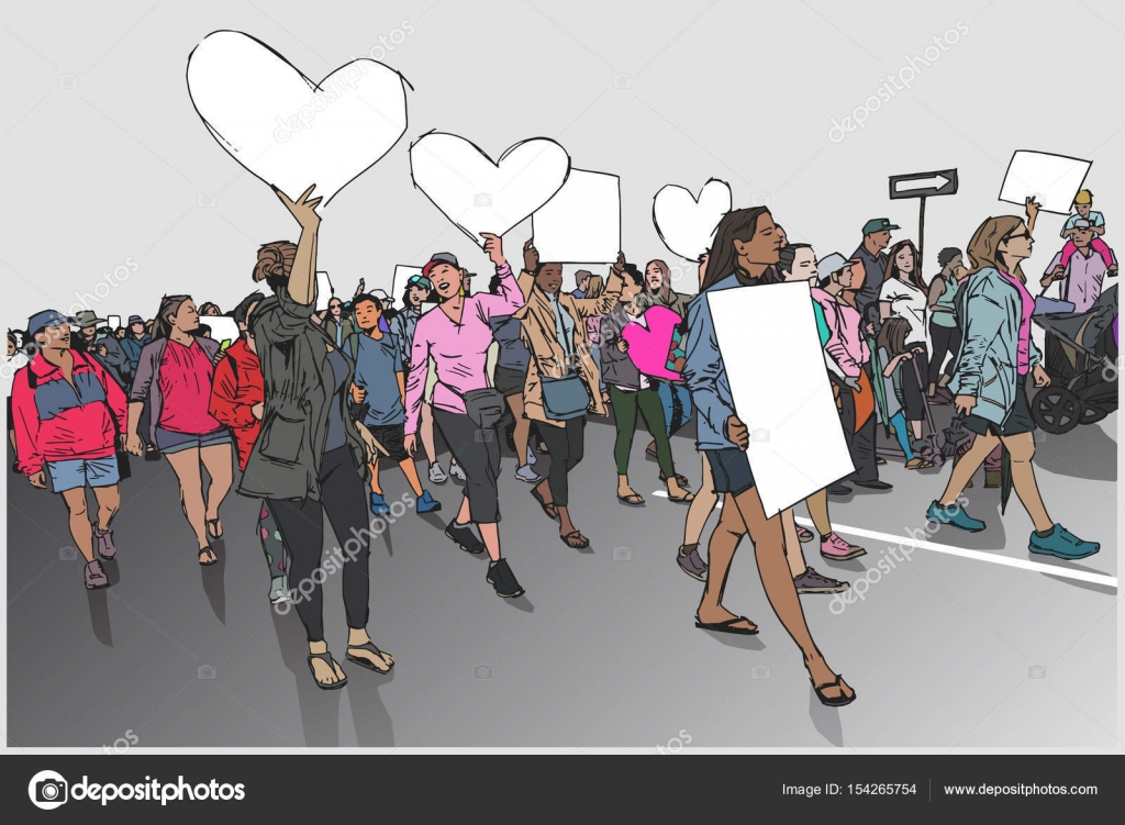 Illustration of marching crowd demonstrating for human rights with ...