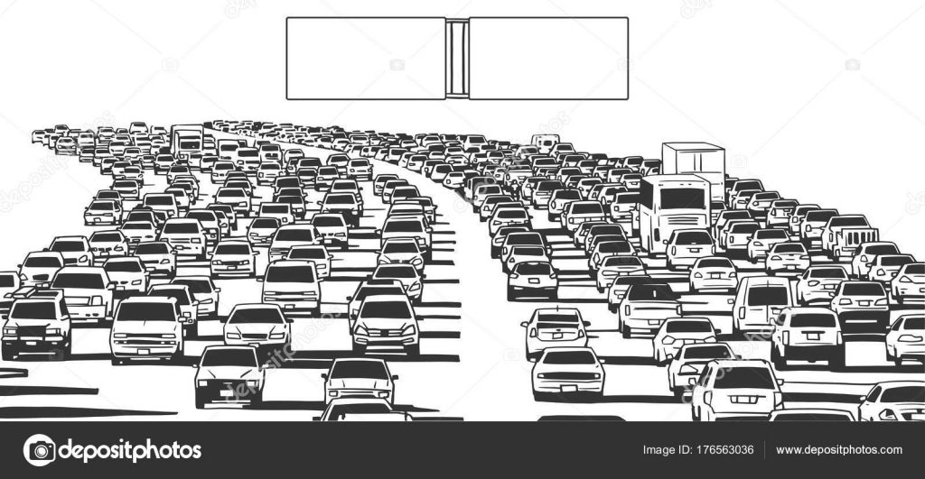 Illustration Rush Hour Traffic Jam Freeway Blank Signs Black White ...