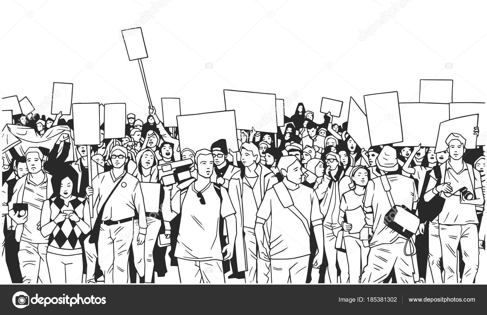 Zwart Wit Afbeelding Van Grote Menigte Protest Met Lege Borden ...