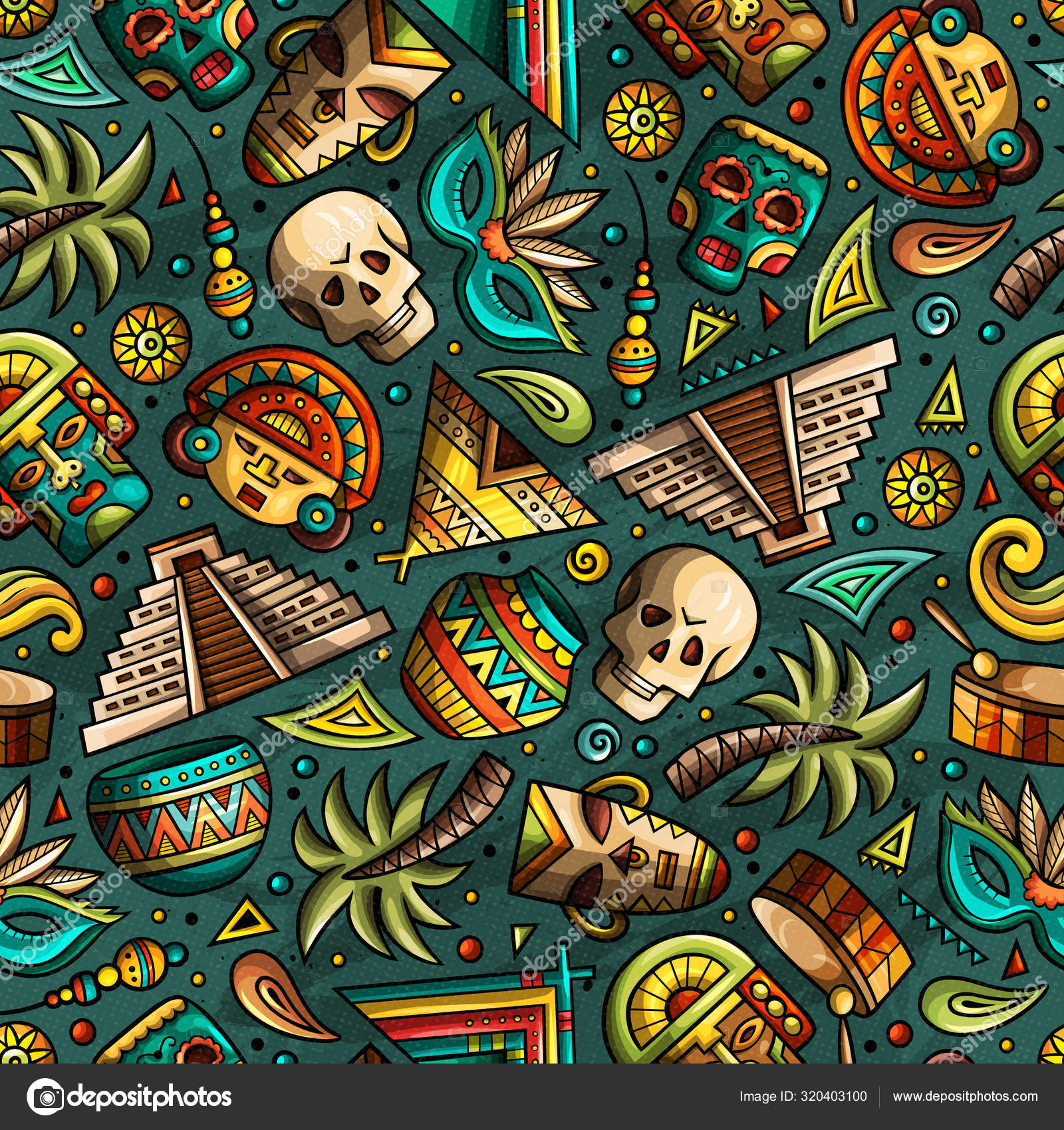 Cartoon hand-drawn latin american, mexican seamless pattern Stock Photo ...