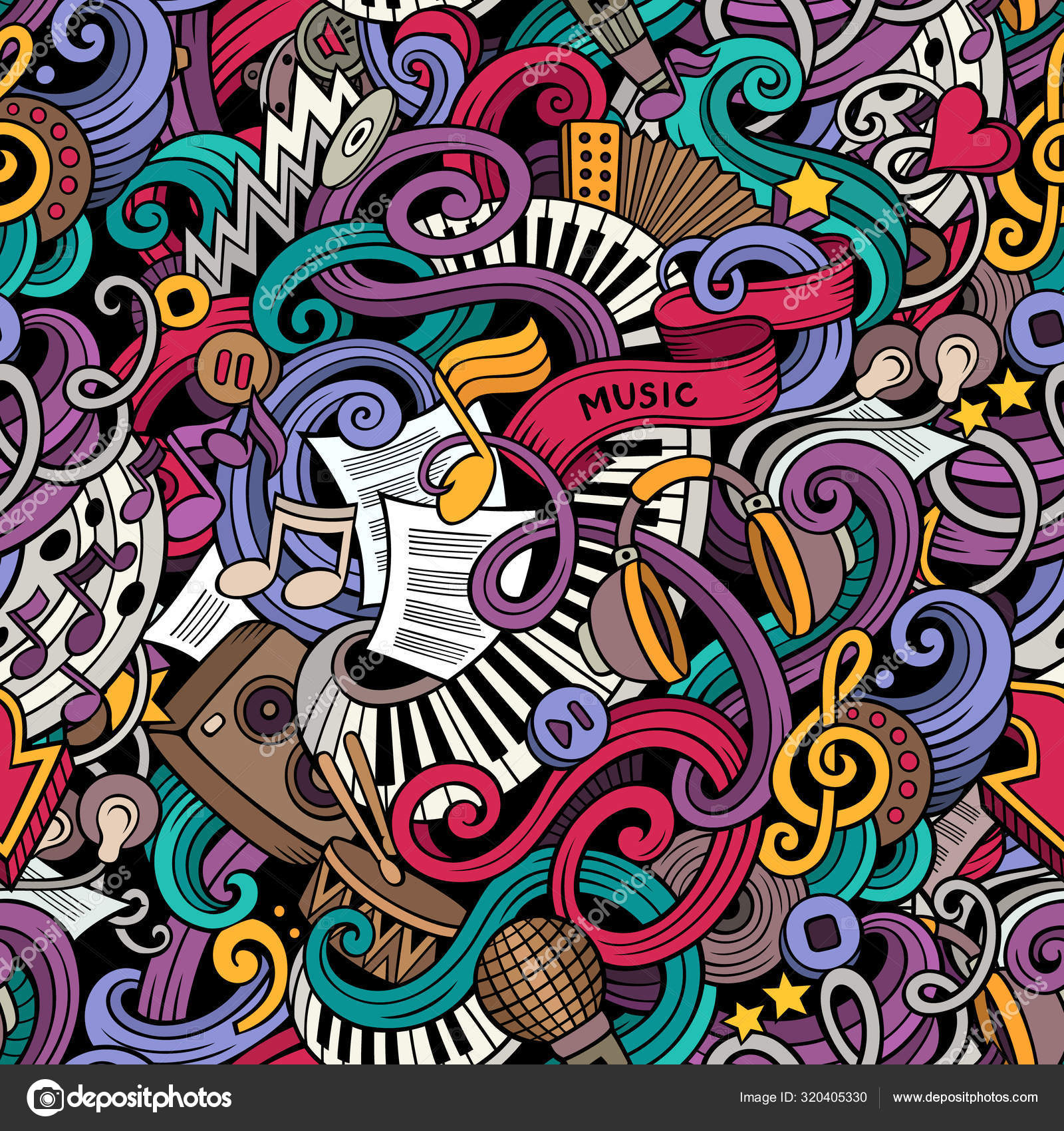 Cartoon hand drawn doodles Music seamless pattern Stock Illustration by ...