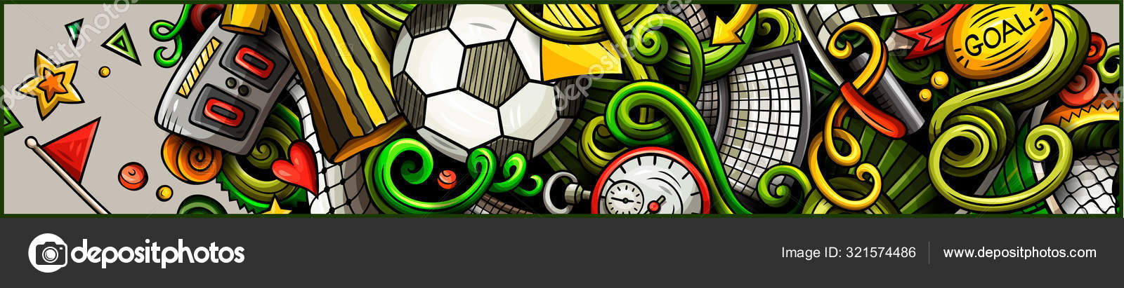 Soccer hand drawn doodle banner. Cartoon detailed illustrations. Stock ...