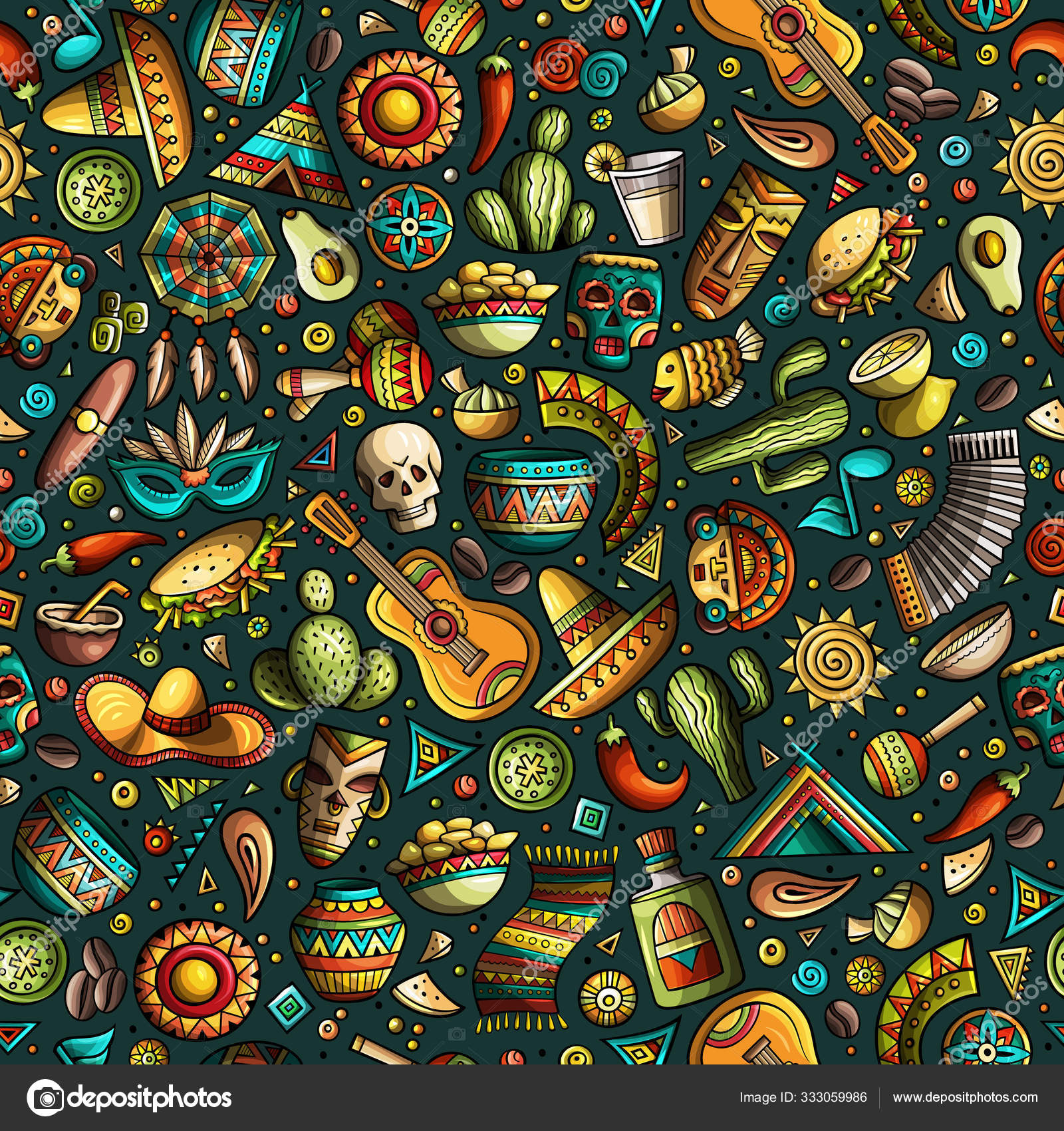 Cartoon hand-drawn latin american, mexican seamless pattern Stock ...