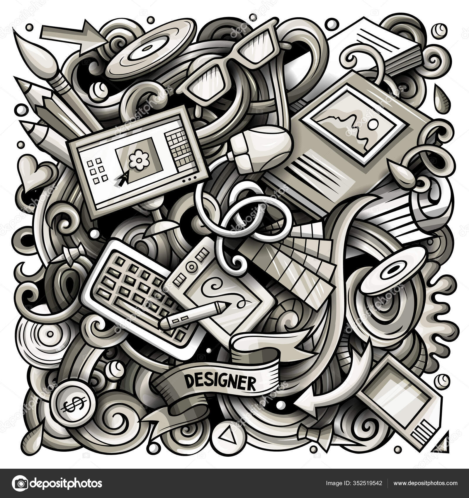 Cartoon doodles Design card. Graphics with lots of objects illustration ...