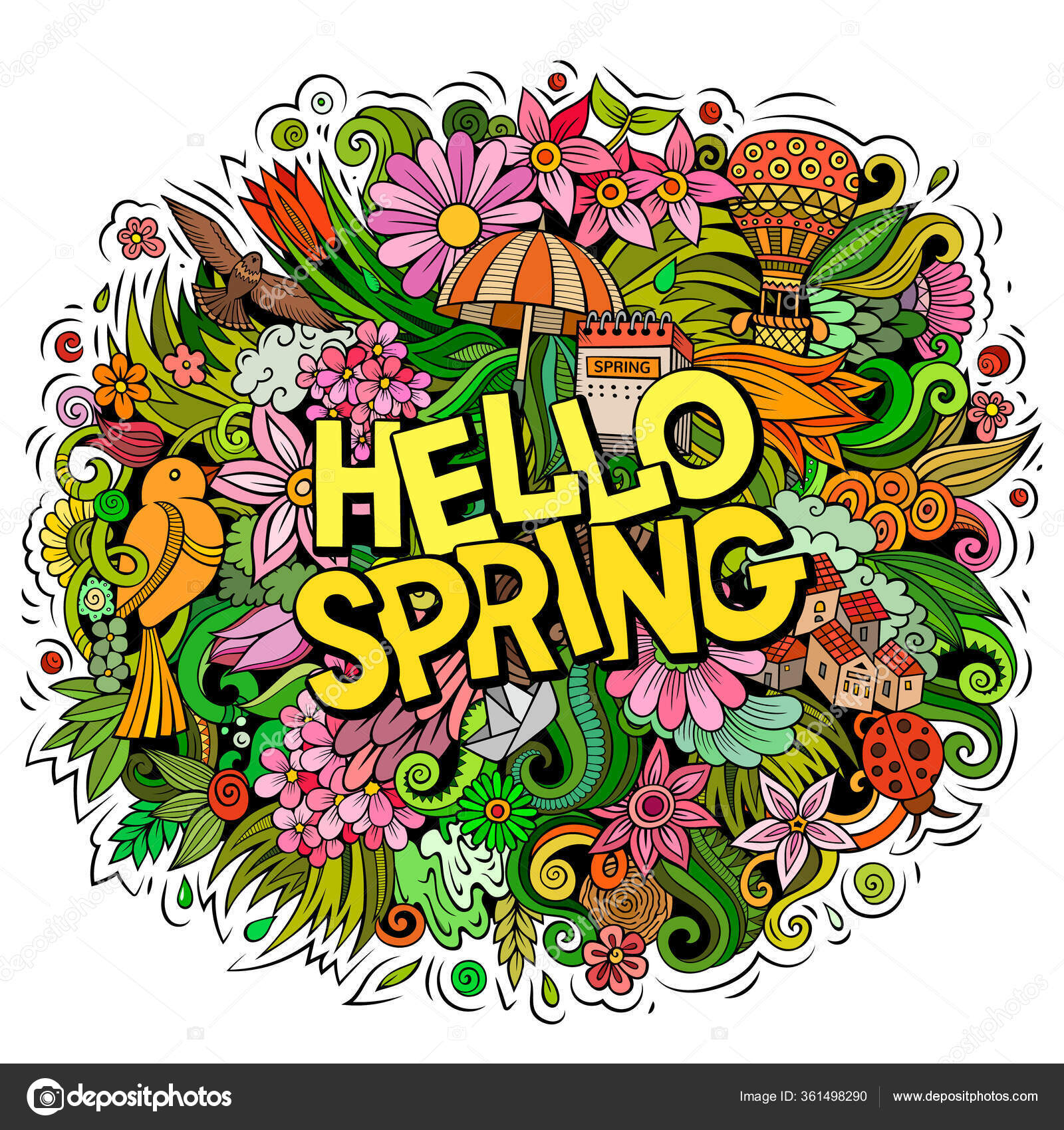 Hello Spring hand drawn cartoon doodles illustration. Funny seasonal ...