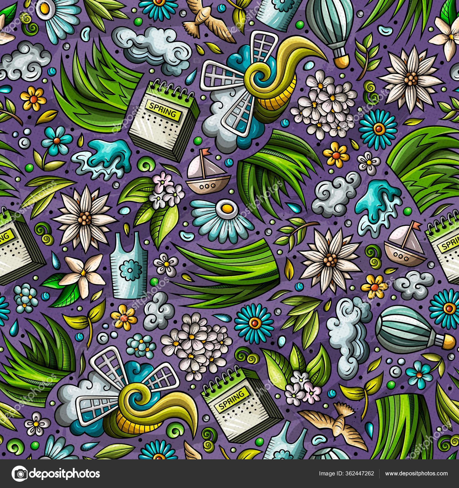 Cartoon cute hand drawn Spring seamless pattern. Stock Photo by ...