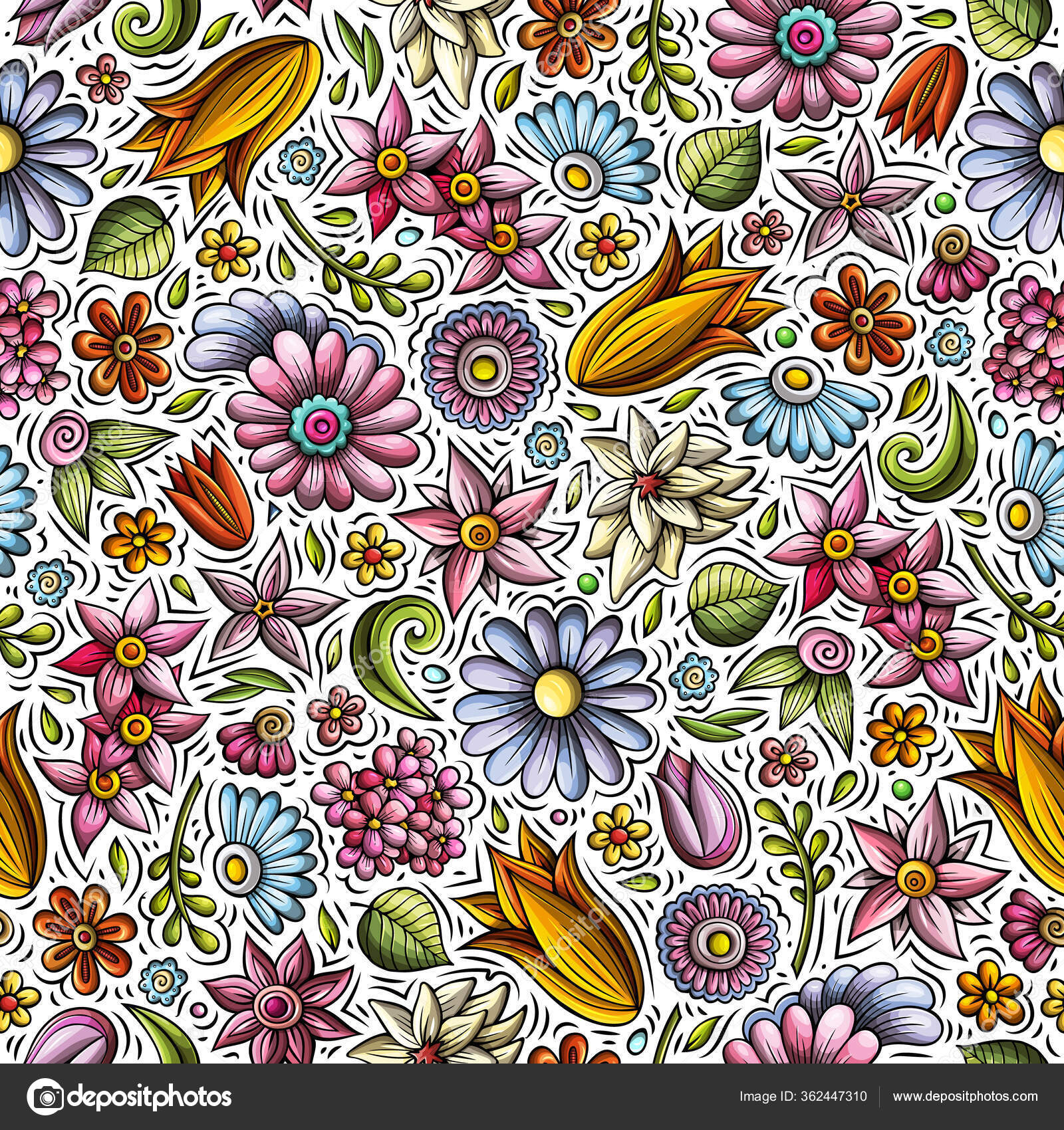Cartoon cute hand drawn Spring seamless pattern. — Stock Photo ... Cartoon cute hand drawn Spring seamless pattern. — Stock Photo ...