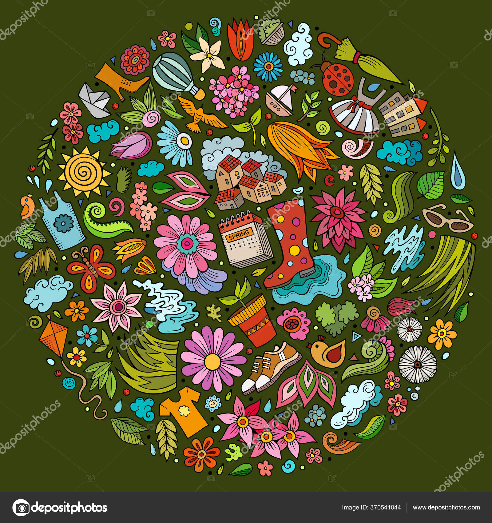 Colorful raster hand drawn set of Spring cartoon doodle objects — Stock ...