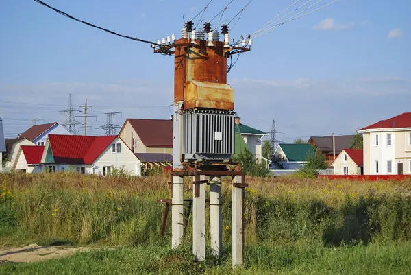Old power transformer electrical distribution substation in village ...
