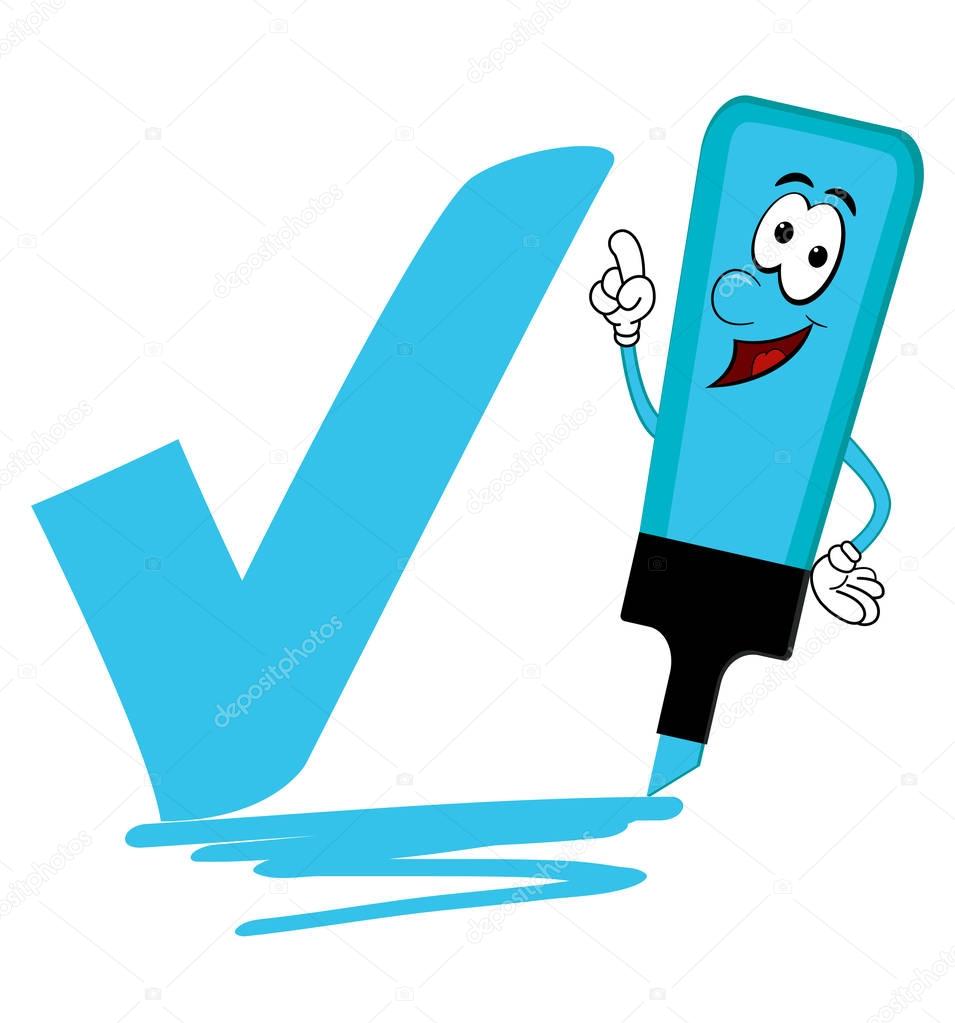 Blauwe cartoon markeerstift pen met vet teek of vinkje — Stockvector ...