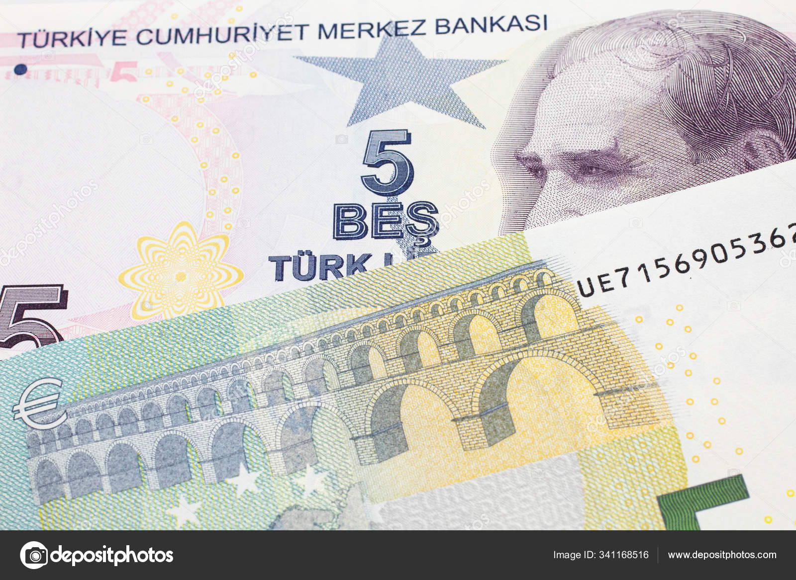 Close Image Purple Five Turkish Lira Bank Note German Five — Stock ...