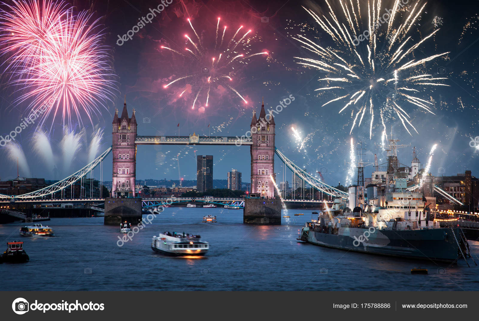 Tower bridge with fireworks, celebration of the New Year in Lond Stock ...