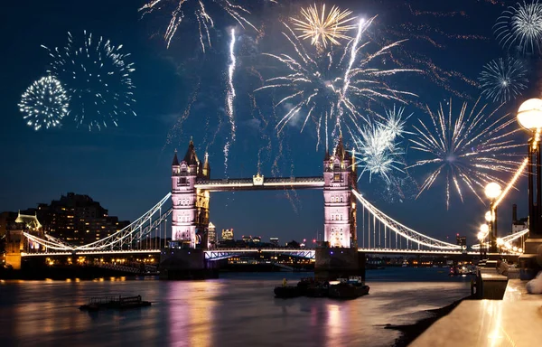Tower bridge with fireworks, celebration of the New Year in Lond Stock ...