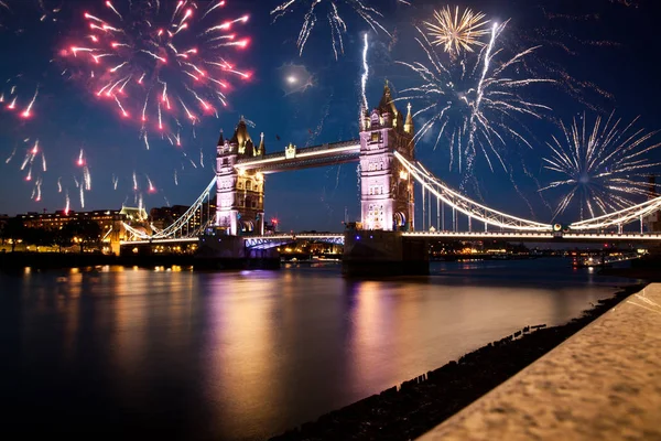 Tower bridge with fireworks, celebration of the New Year in Lond Stock ...