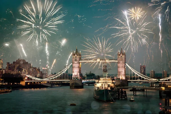 Tower bridge with fireworks, celebration of the New Year in Lond Stock ...