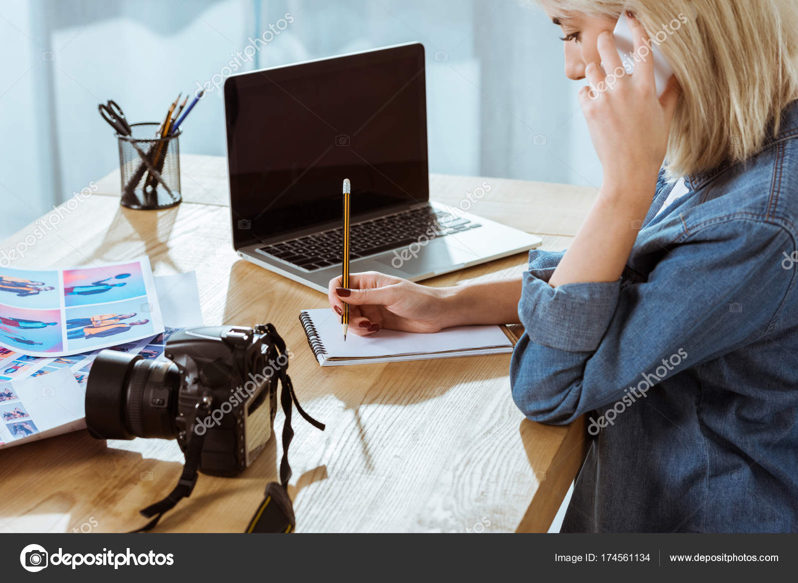 Side View Photographer Talking Smartphone While Working Workplace ...