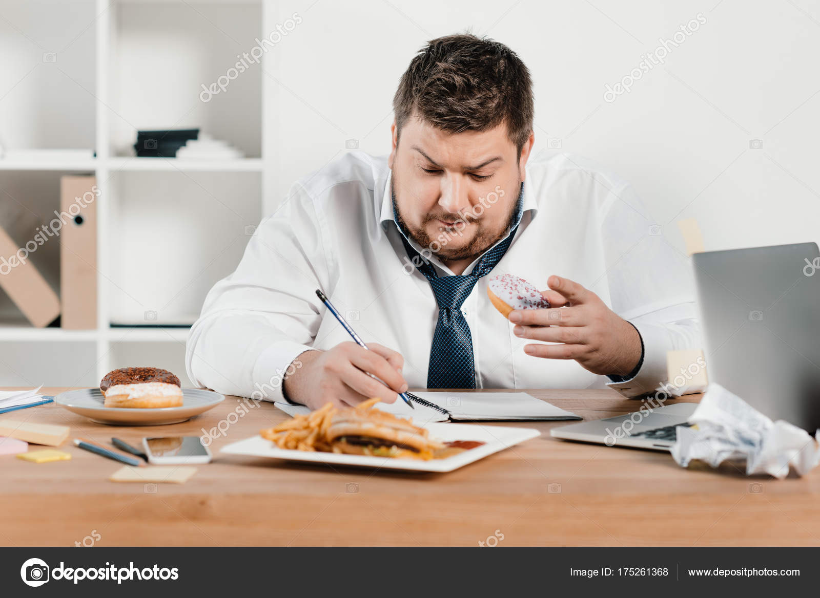 Overweight Businessman Eating Donuts Hamburger French Fries While ...