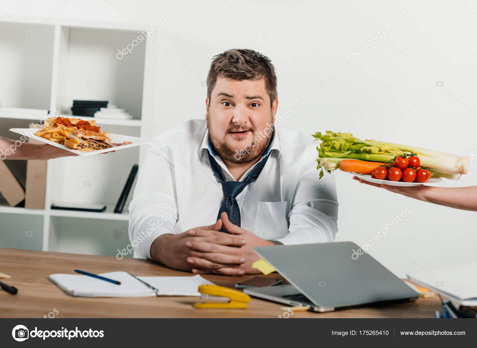 Overweight Businessman Choosing Healthy Junk Food Workplace Office ...