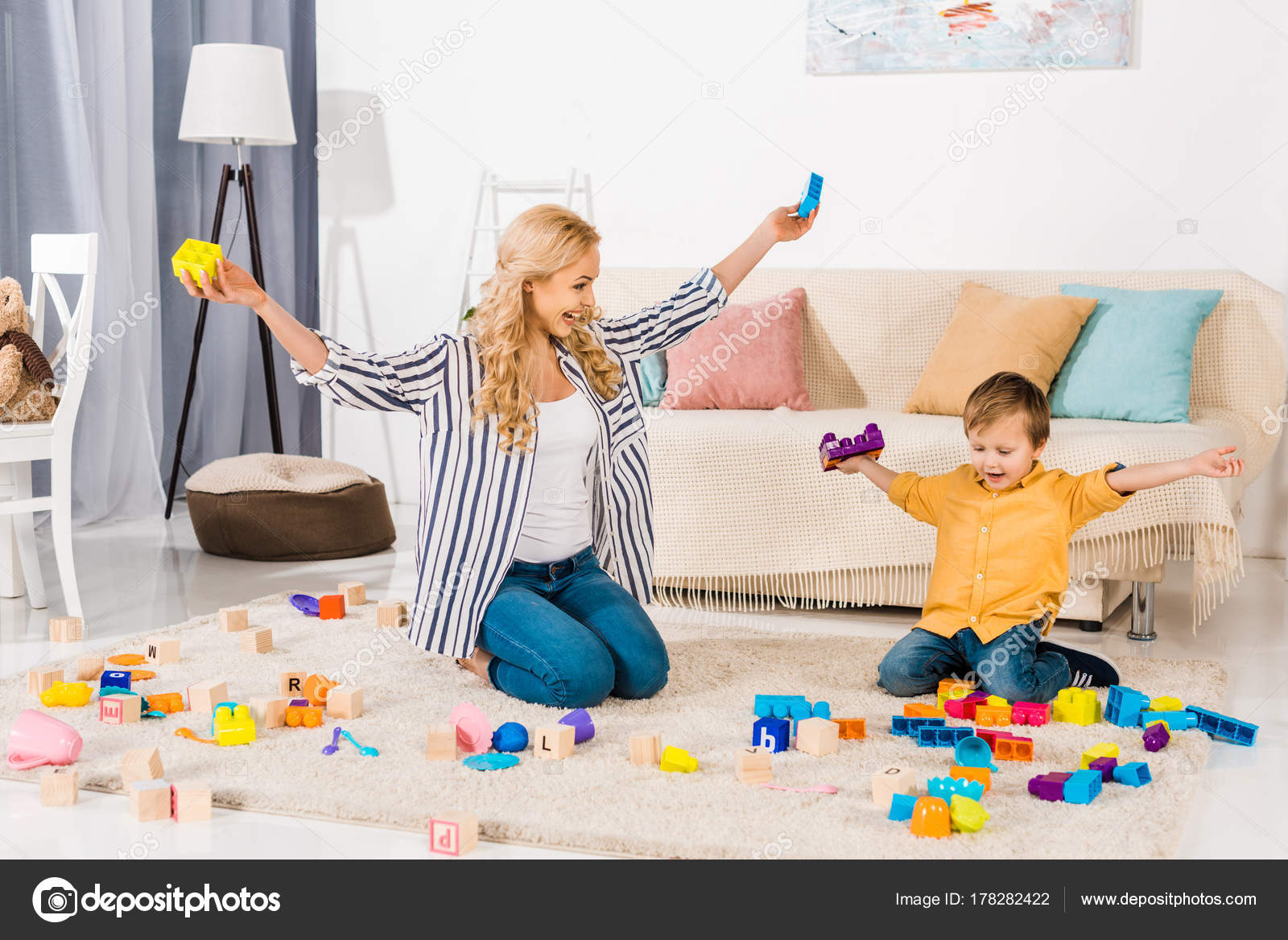 Happy Mother Son Playing Colorful Blocks Home Stock Photo by ... Happy Mother Son Playing Colorful Blocks Home Stock Photo by ...