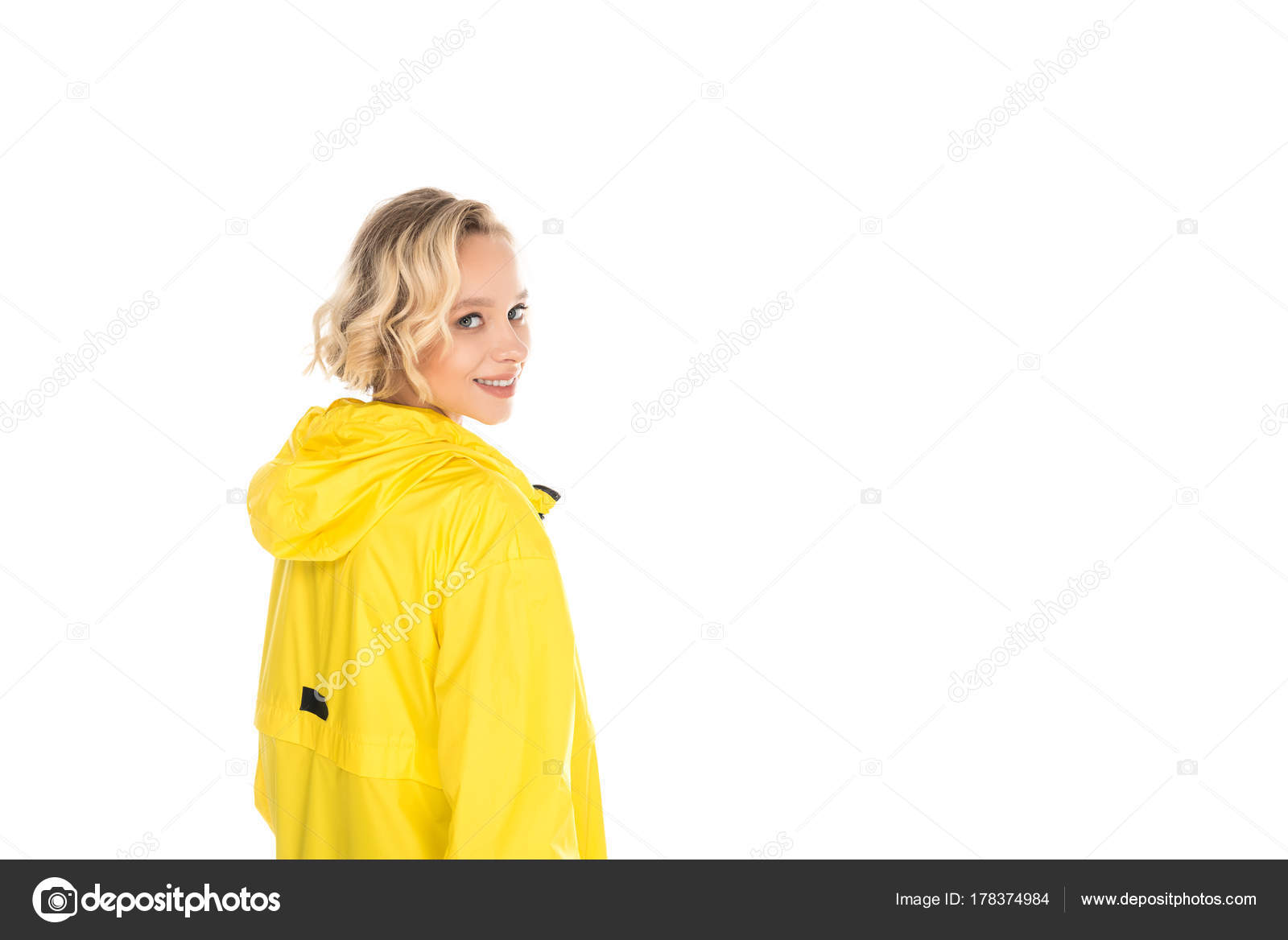 Back View Beautiful Young Woman Yellow Raincoat Isolated White Stock ...