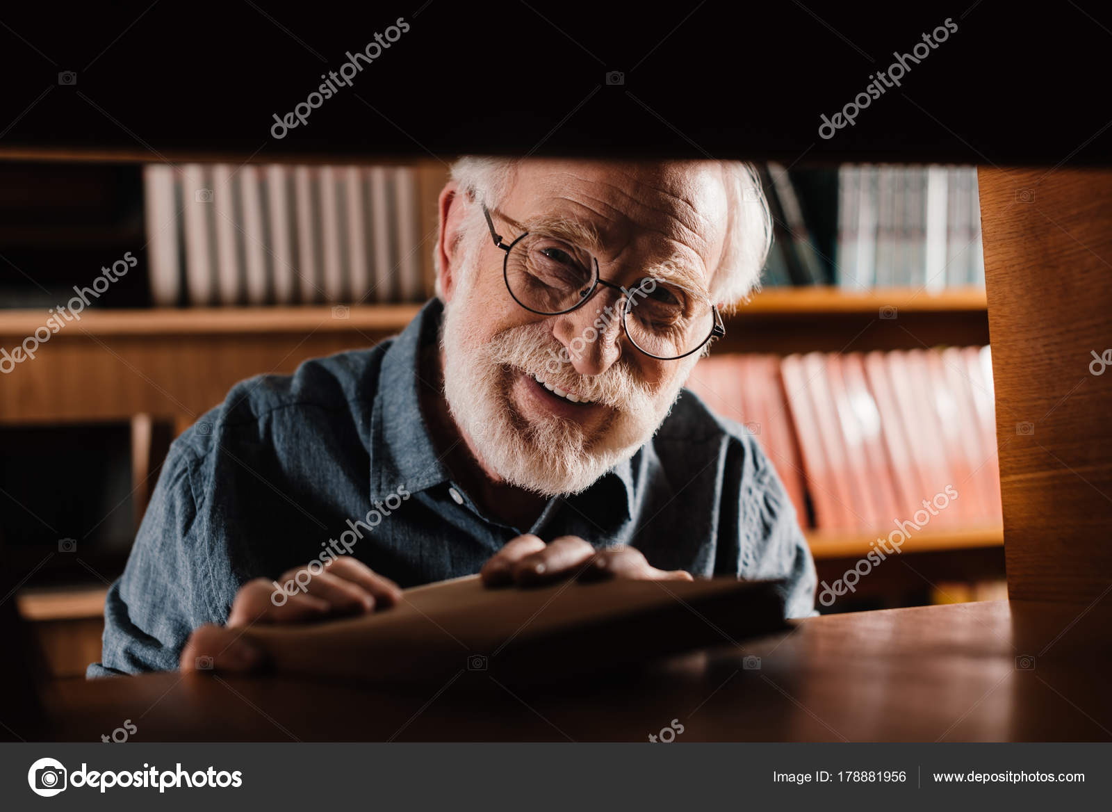 Smiling Grey Hair Librarian Looking Camera Shelf — Stock Photo ...
