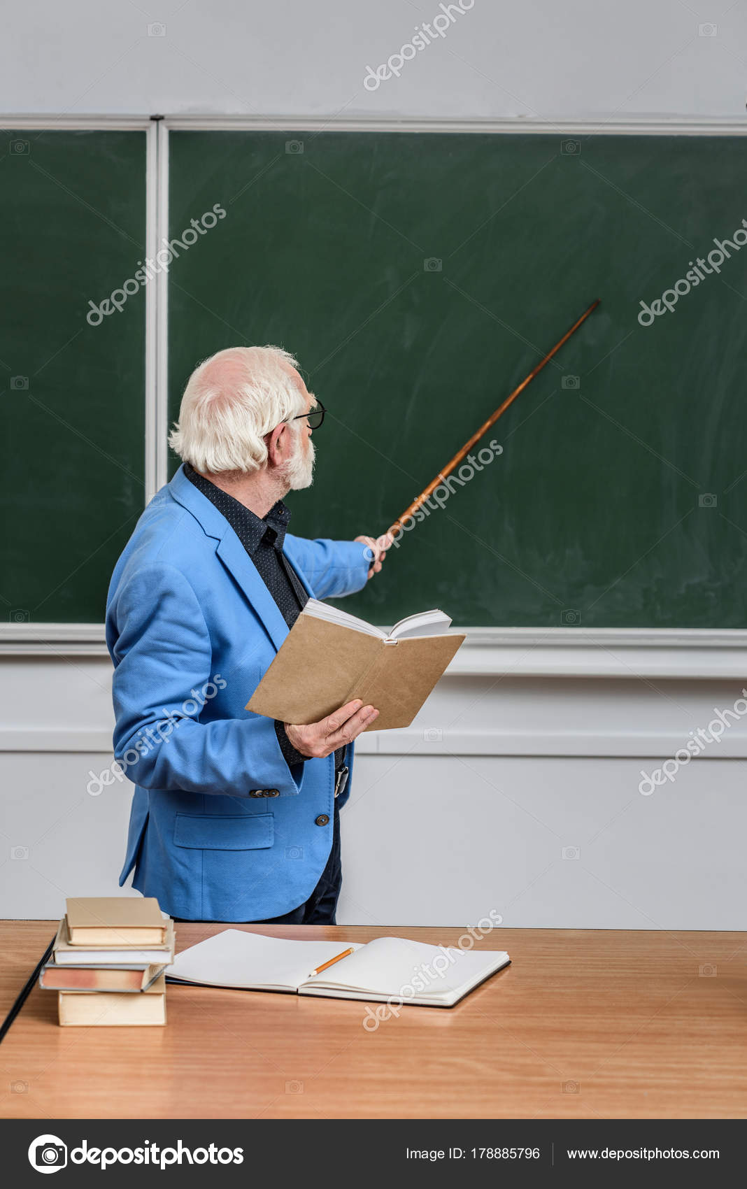 Grey Hair Professor Holding Book Pointing Something Blackboard Stock ...