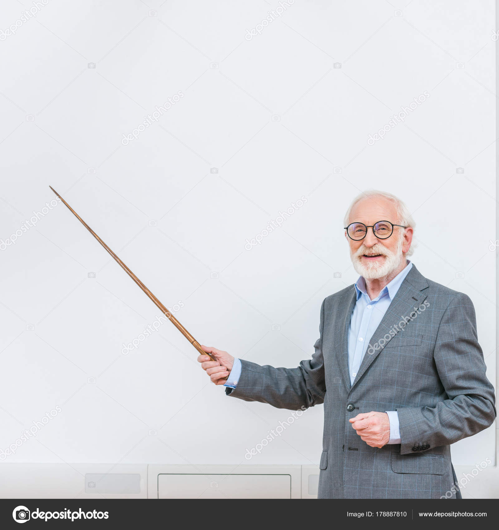 Smiling Senior Lecturer Pointing Something White Screen Wooden Pointer ...