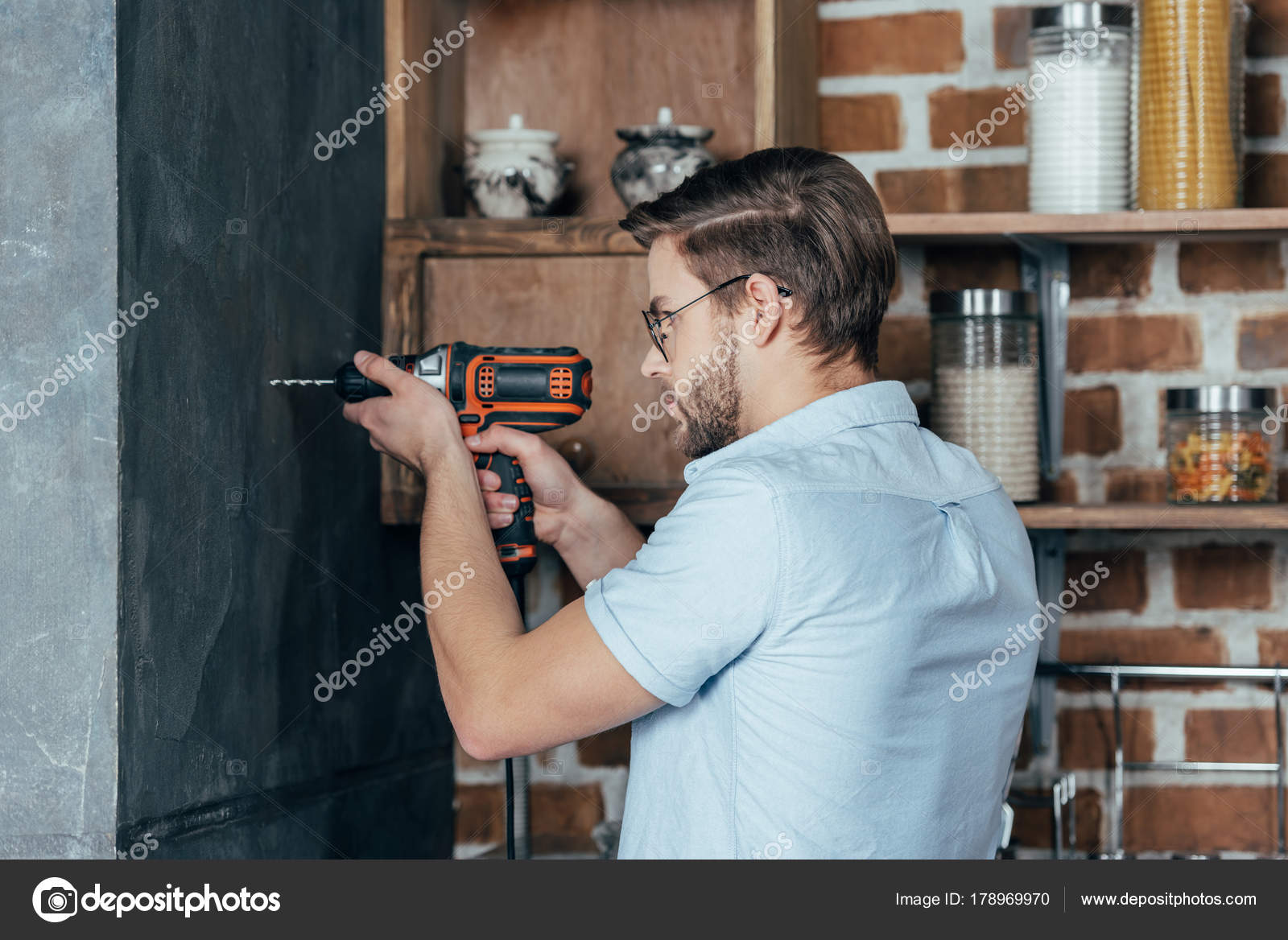 Side View Young Man Drilling Wall Electric Drill Home — Stock Photo ...