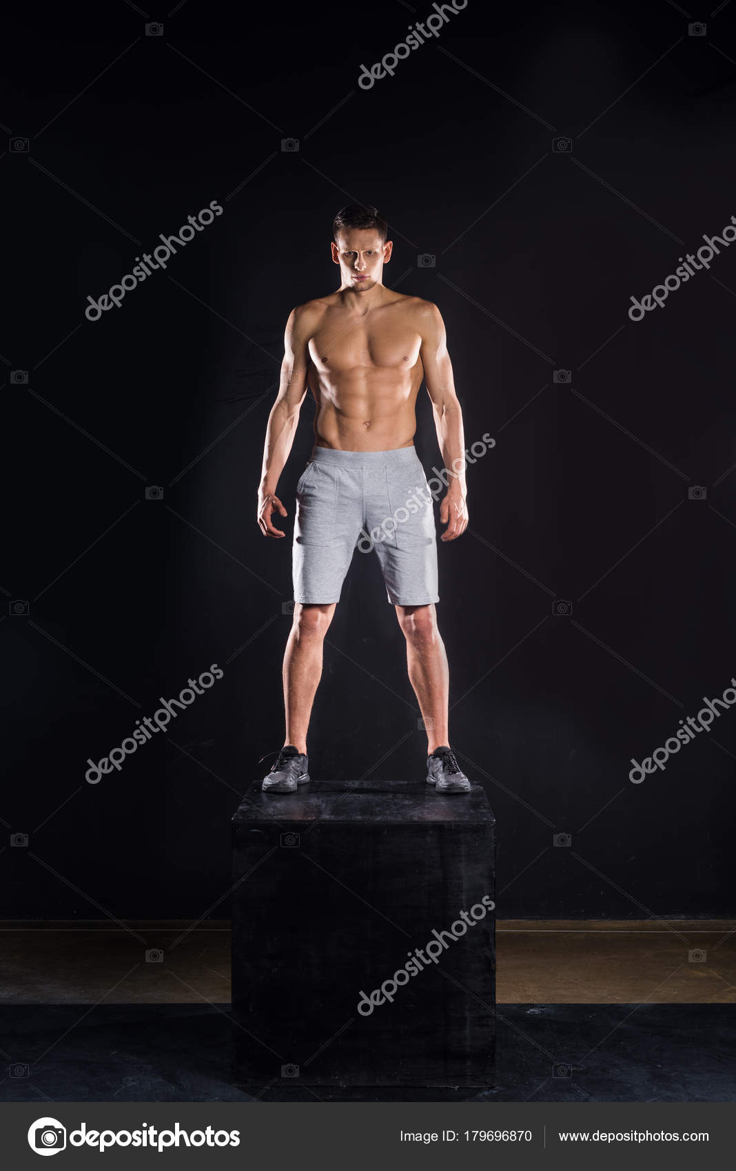 Shirtless Muscular Sportsman Standing Block Looking Camera Black Stock ...