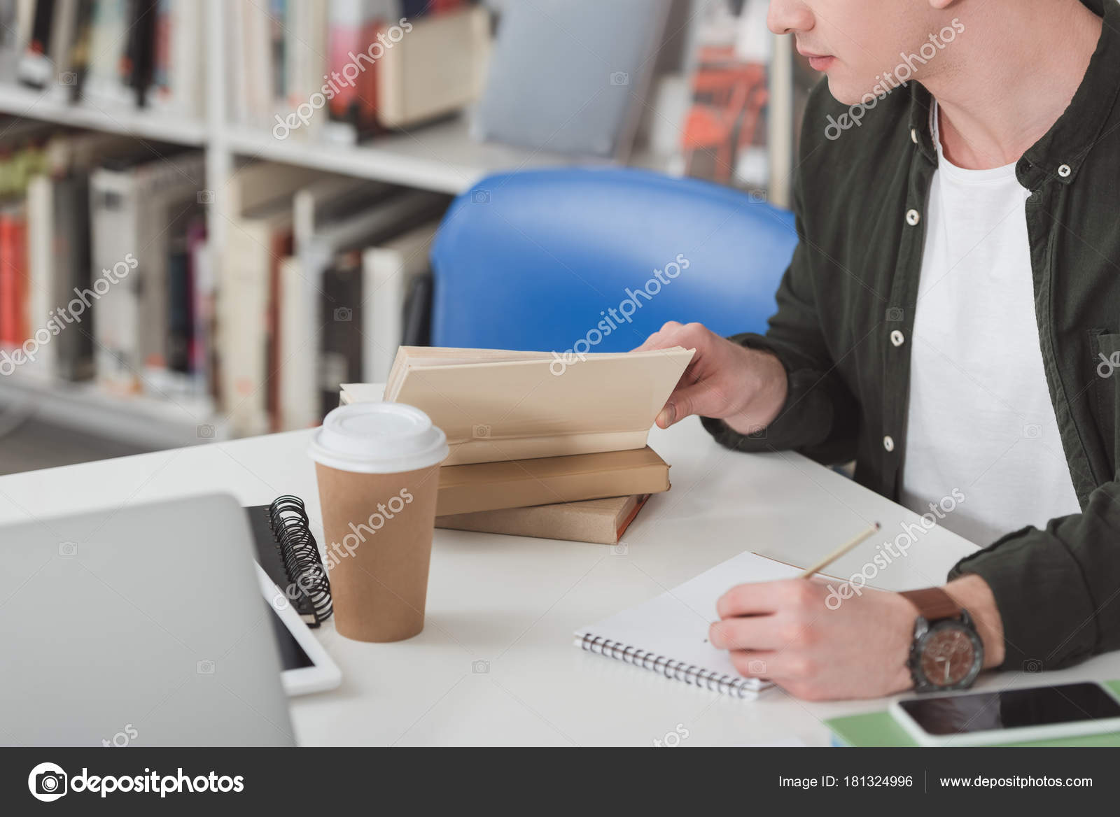 Cropped Image Student Reading Book Making Notes Library — Stock Photo ...