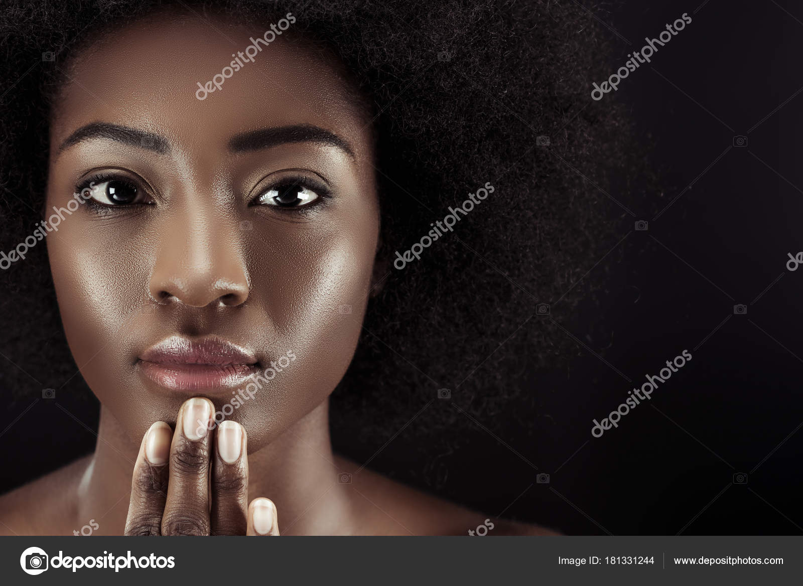 Close Portrait Attractive African American Woman Isolated Black Stock