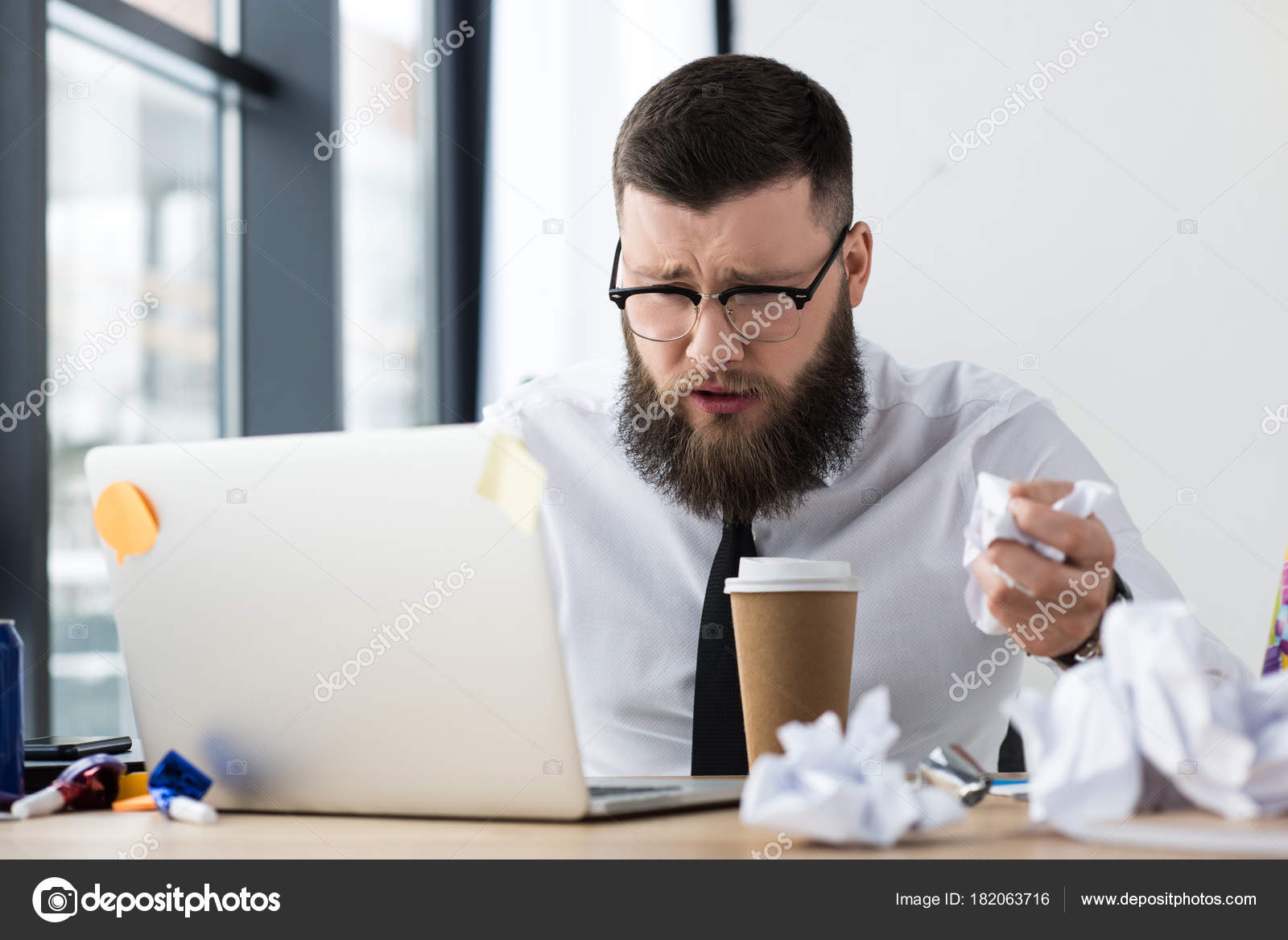 Portrait Overworked Businessman Workplace Laptop Coffee Office — Stock ...