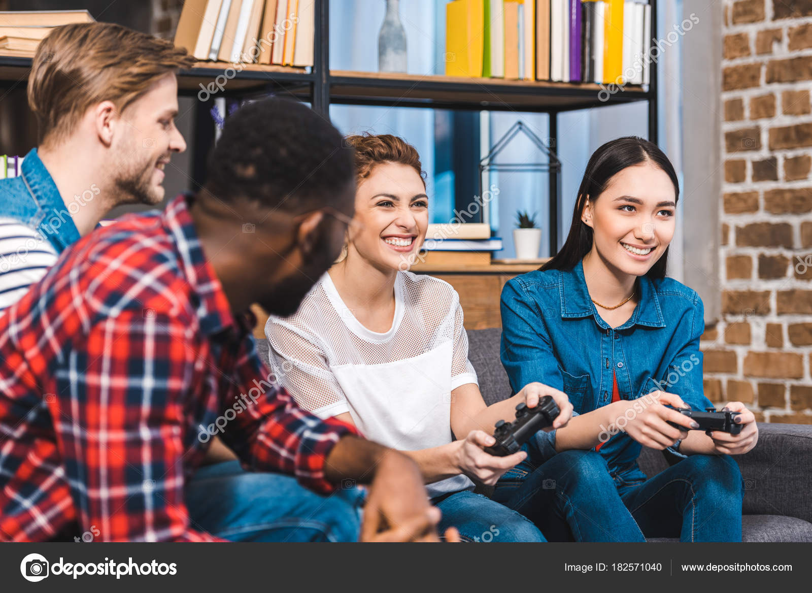 Happy Young Multiethnic Friends Playing Joysticks Together Home — Stock ...