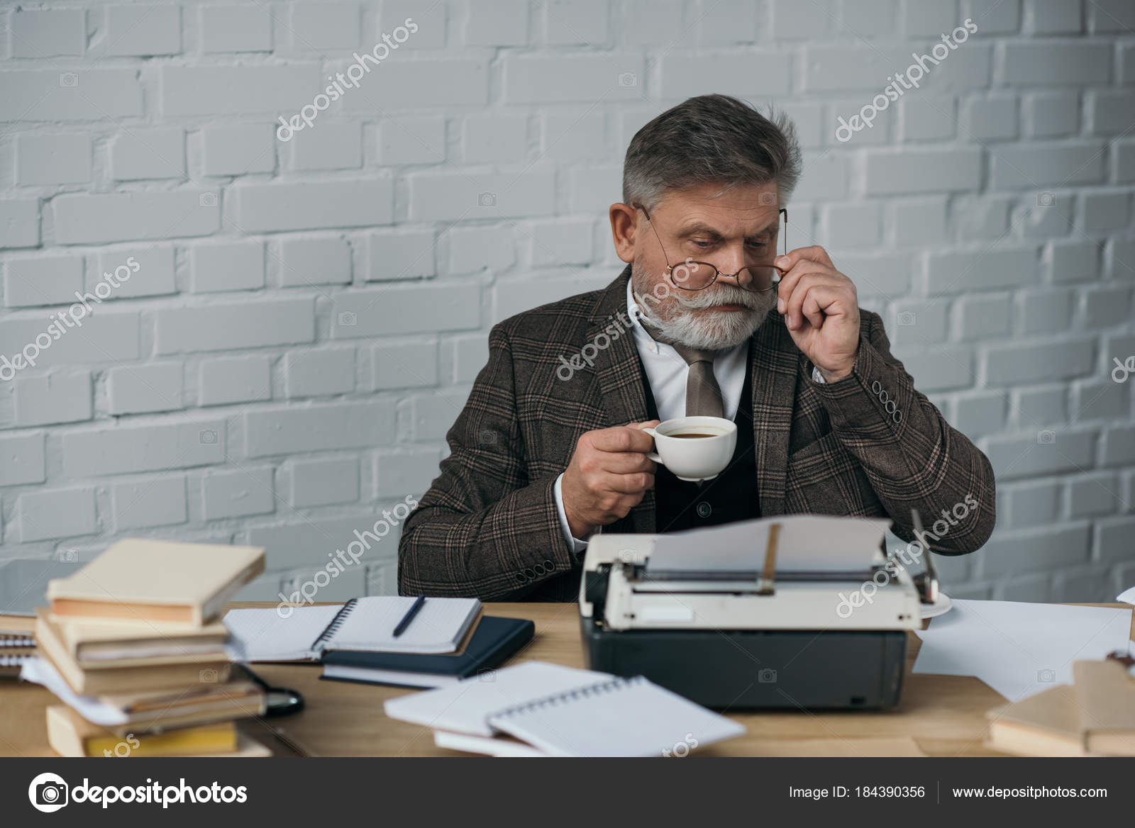 Handsome Senior Writer Drinking Coffee Workplace — Stock Photo ...