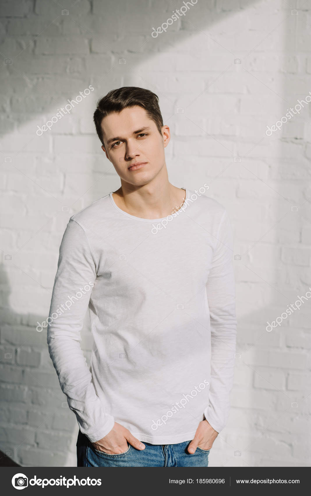 Handsome Man Standing Looking Camera Home — Stock Photo © IgorVetushko ...