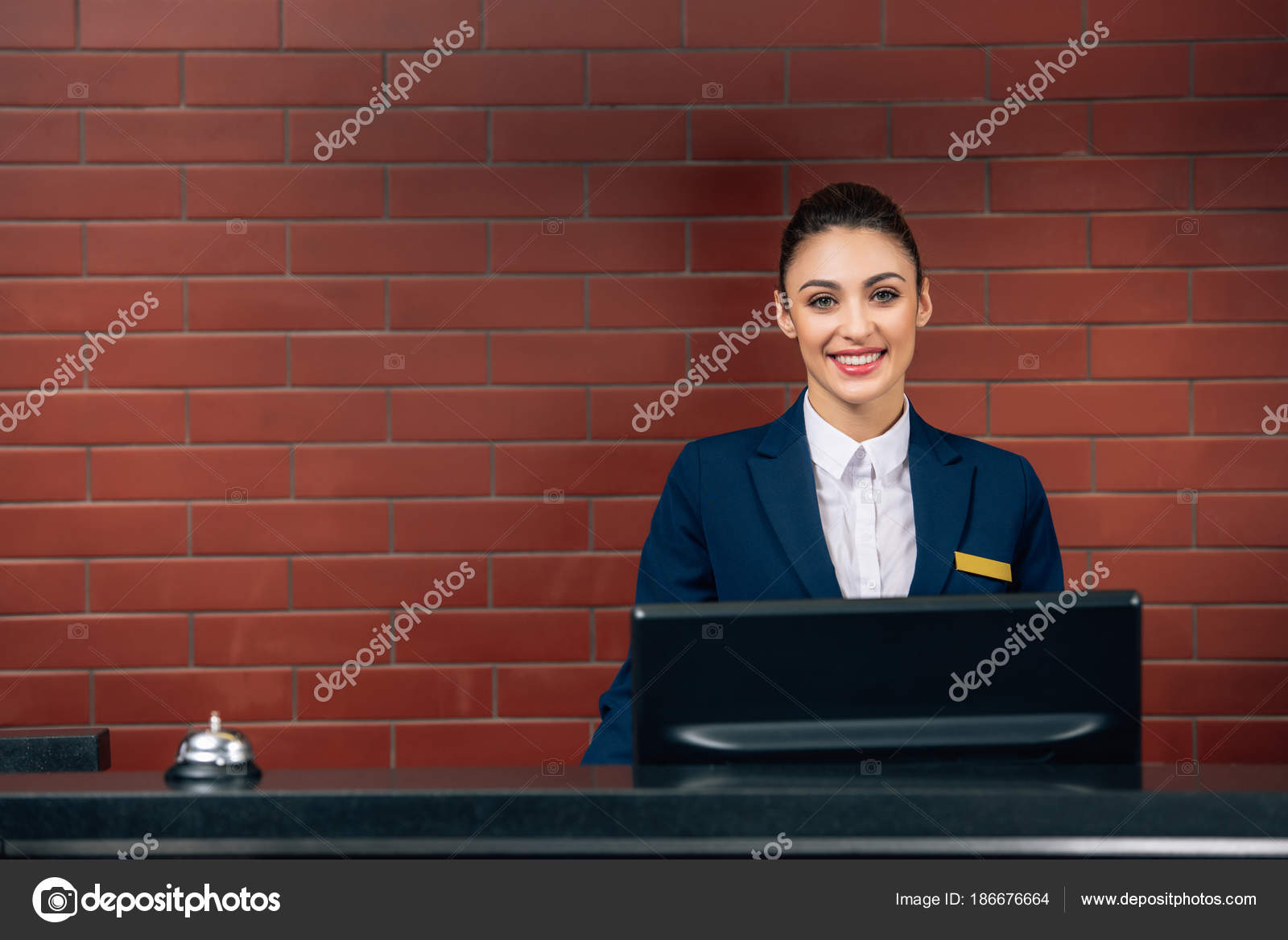 Young Beautiful Hotel Receptionist Workplace Looking Camera Stock Photo ...
