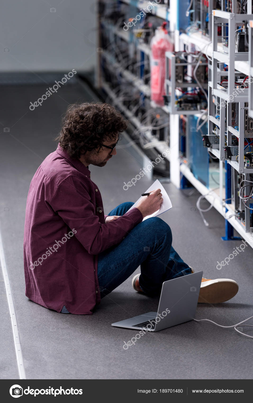 Computer Engineer Working While Sitting Floor Cryptocurrency Mining ...