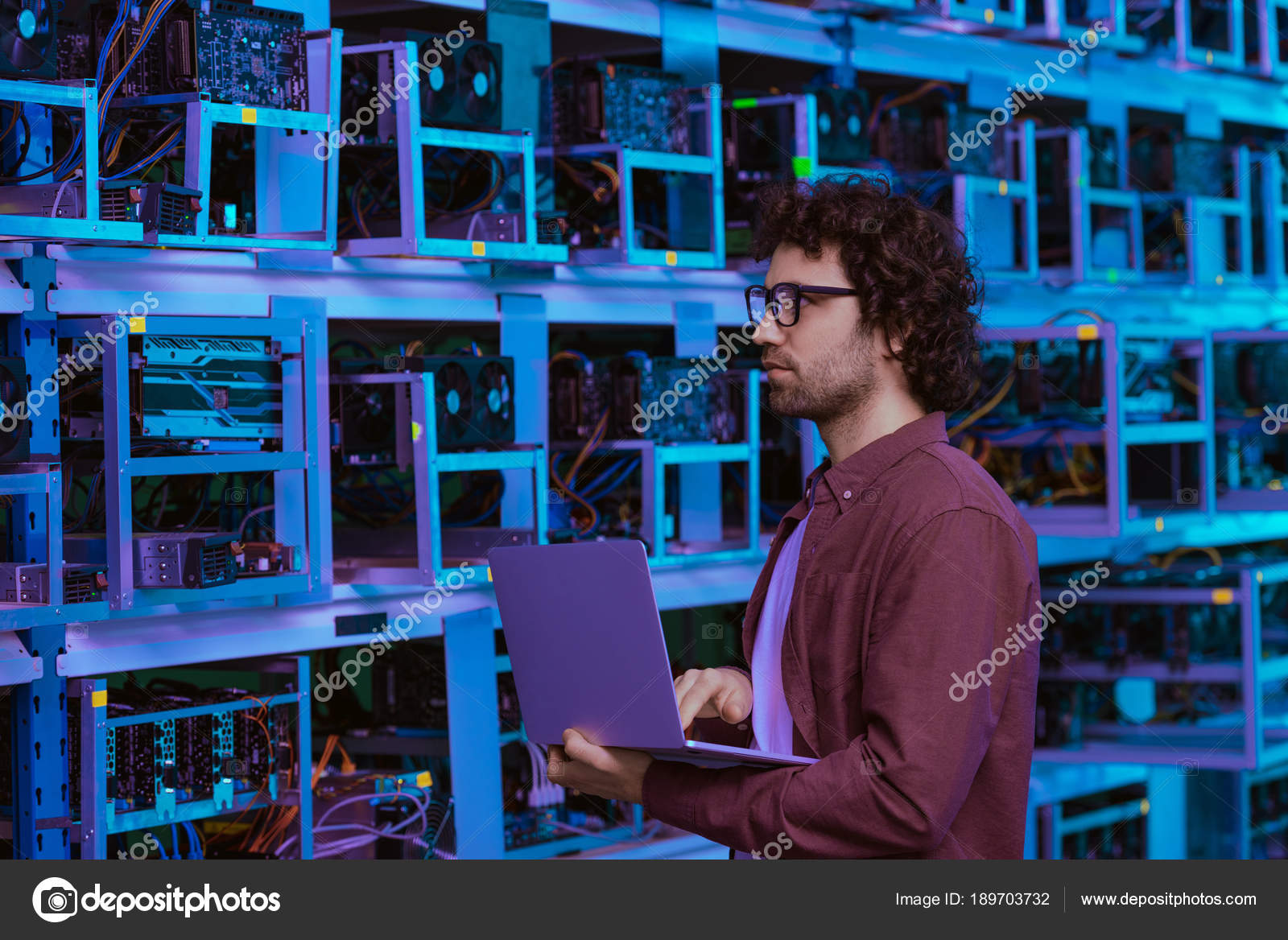 Young Computer Engineer Working Laptop Ethereum Mining Farm — Stock ...