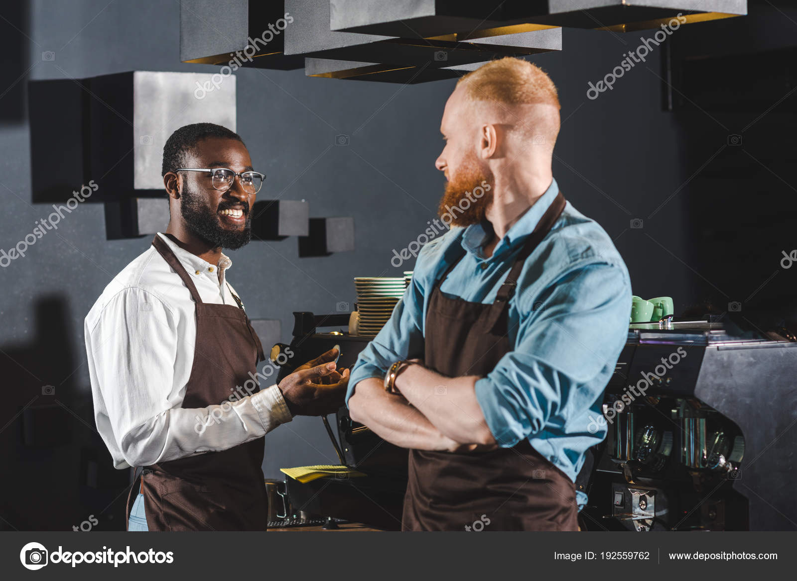 Smiling Multiethnic Owners Coffee Shop Aprons Talking Coffee Shop ...