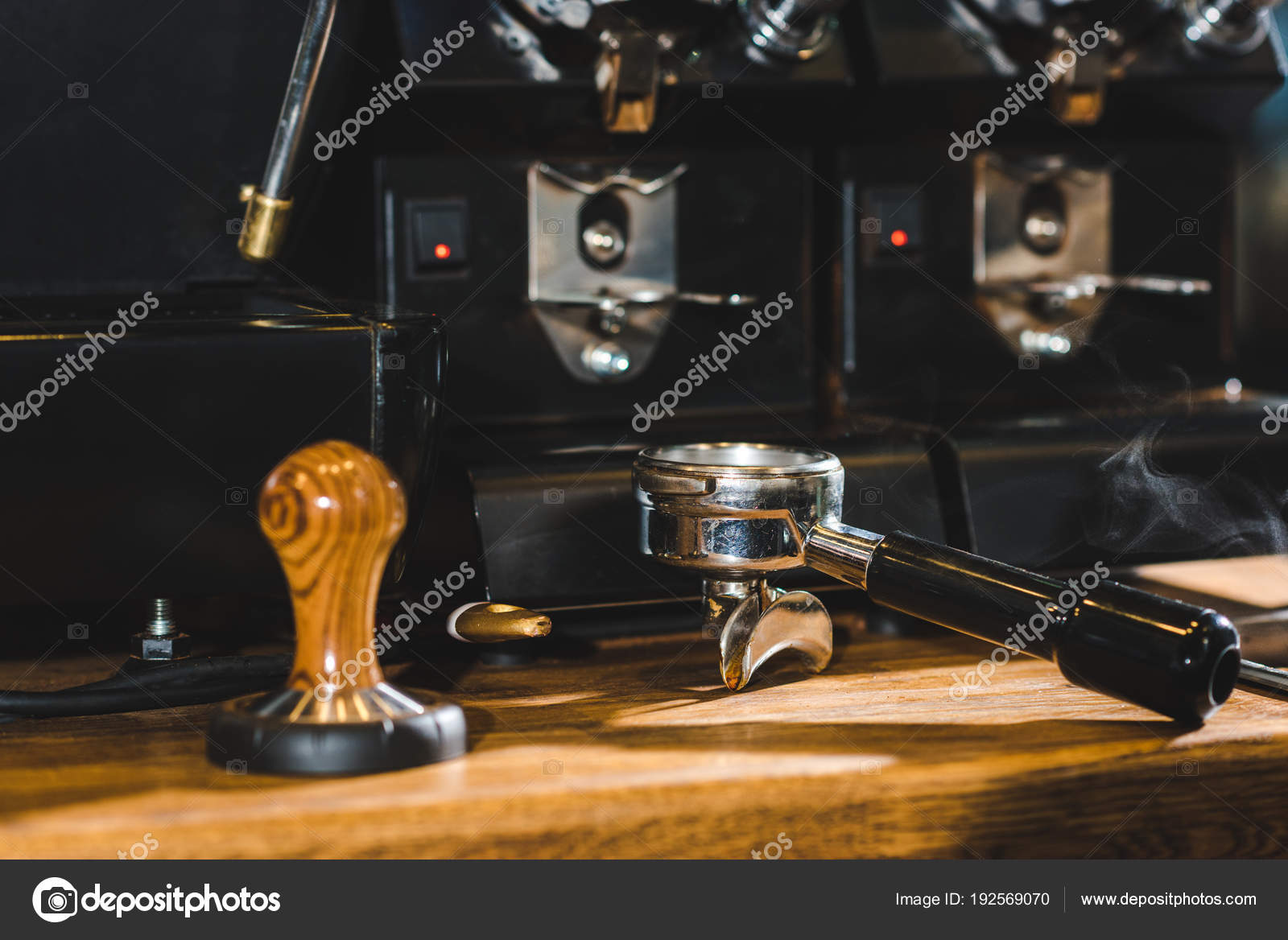 Close View Modern Coffee Machine Wooden Table Coffee Shop Stock Photo ...