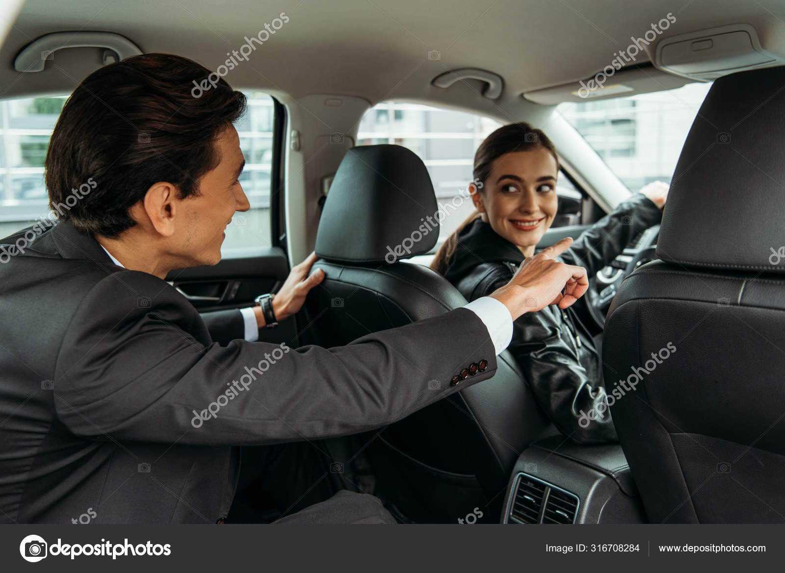 Businessman Pointing Road Smiling Taxi Driver — Stock Photo ...