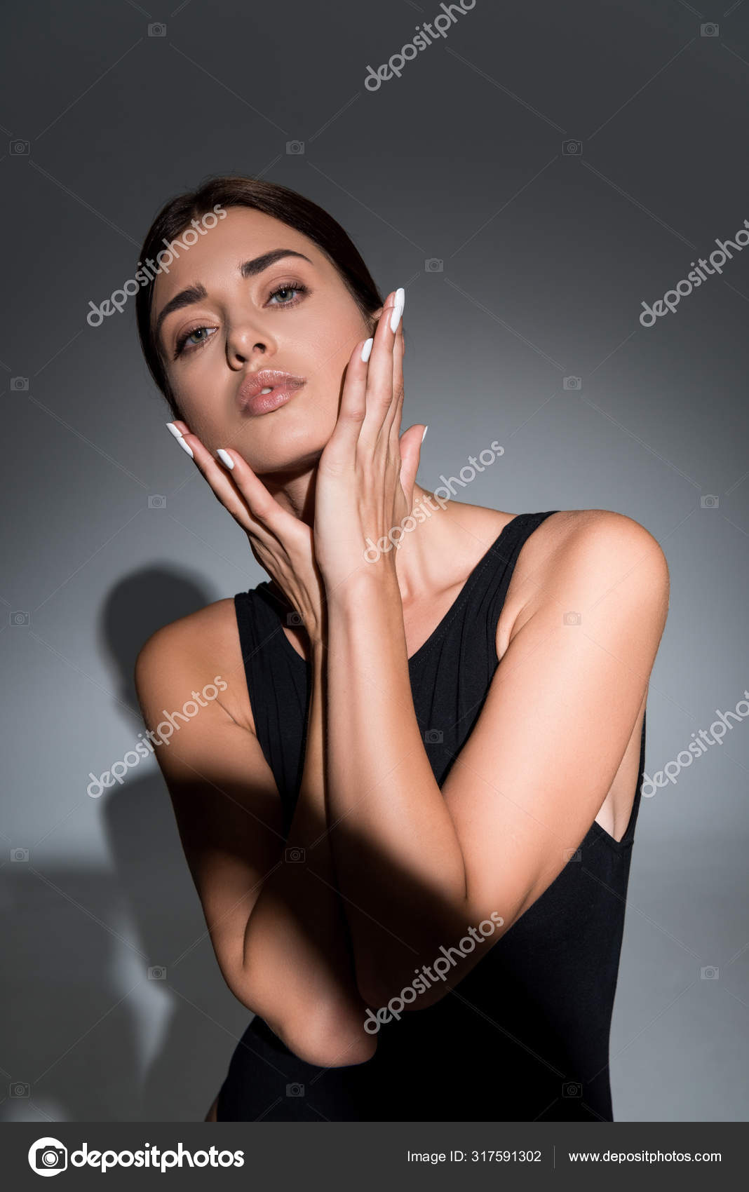 Beautiful Young Model Posing Hands Face Black Background — Stock Photo ...